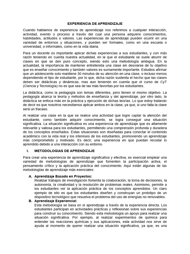 EXPERIENCIA DE APRENDIZAJE | Descargar gratis PDF | Aprendizaje | Experiencia