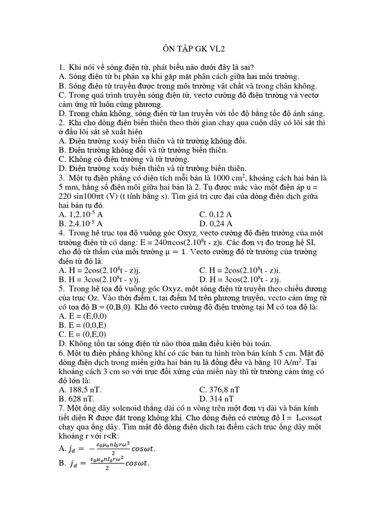 Đề Mẫu Ôn Tập GK VL2 | PDF