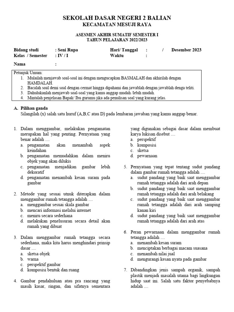 Soal Ulangan Sumatif Akhir Semester 1 Kelas 4 Seni Rupa | PDF