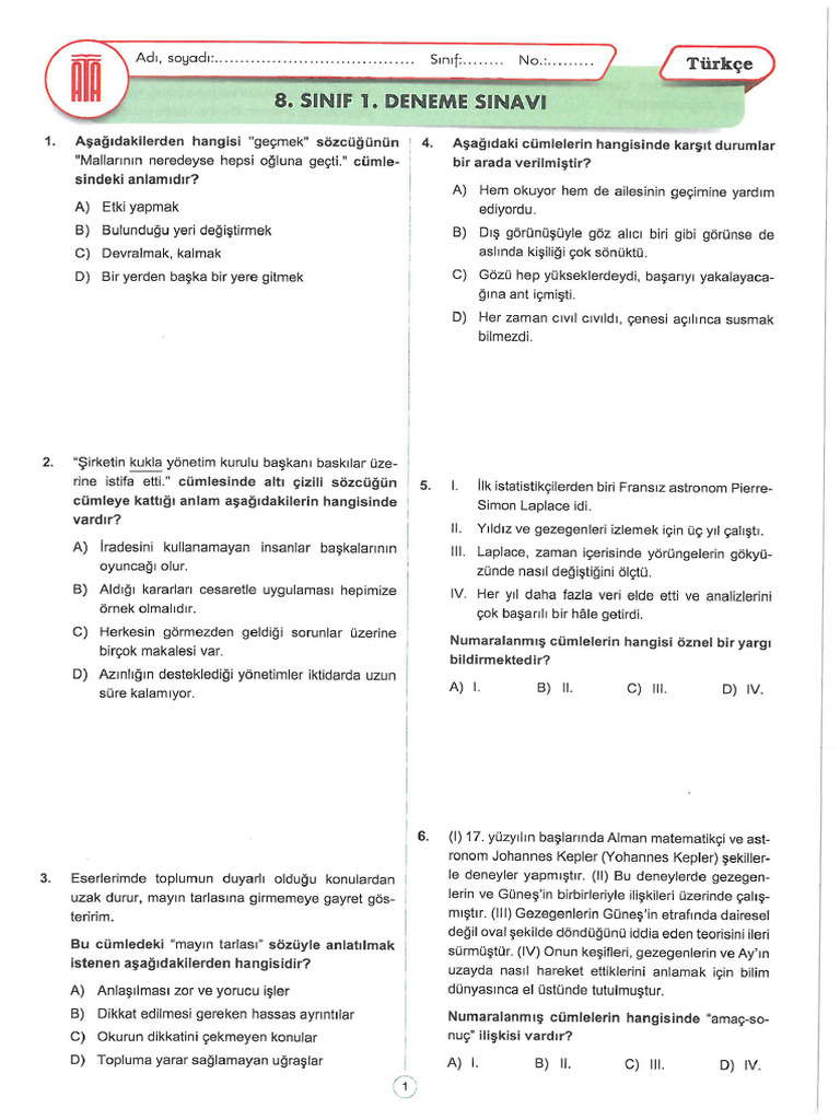 Turkce 8.Snf Deneme | PDF