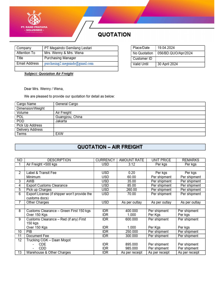 Quotation, Air PT Megaindo Gemilang, SZX - CGK, Apr 2024 | PDF | Cargo ...