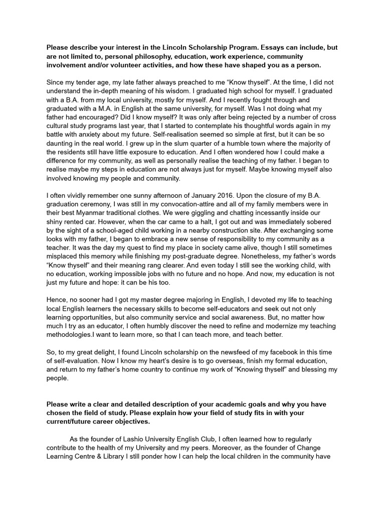 Lincoln Scholar ESSAY Example | PDF | Teachers | Learning