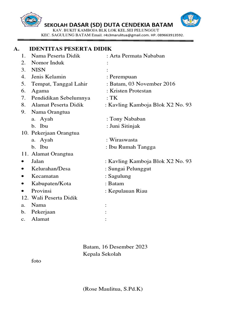 Identitas Raport Kelas 1 Rev | PDF