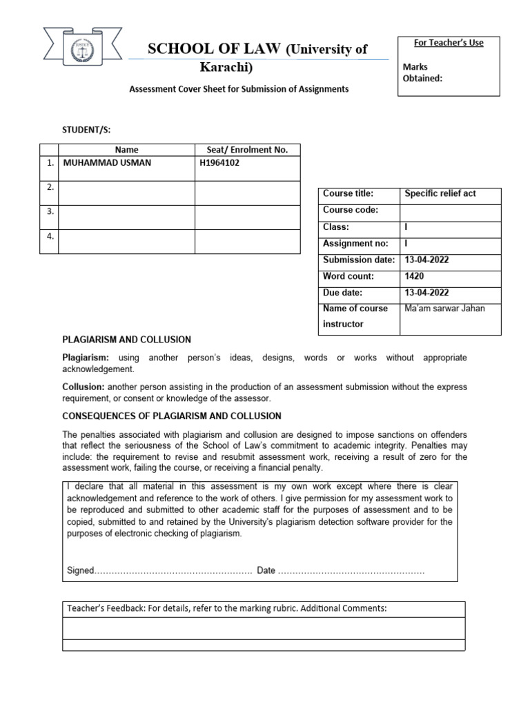 Specific Relief Act Assignment-1 | PDF | Legal Remedy | Injunction