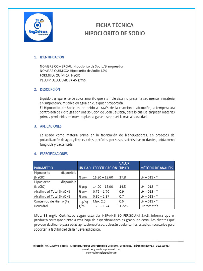 Ficha Tecnica HIPOCLORITO DE SODIO | PDF | Hidróxido de sodio ...