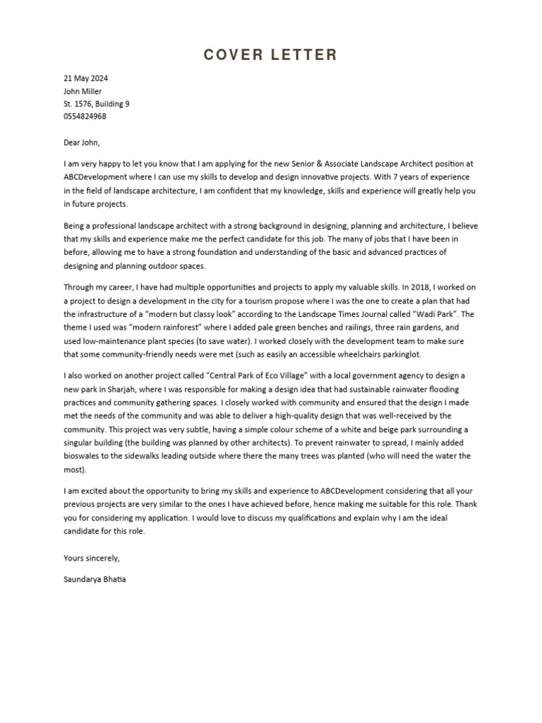 Cover Letter | Download Free PDF | Landscape Architecture | Architecture