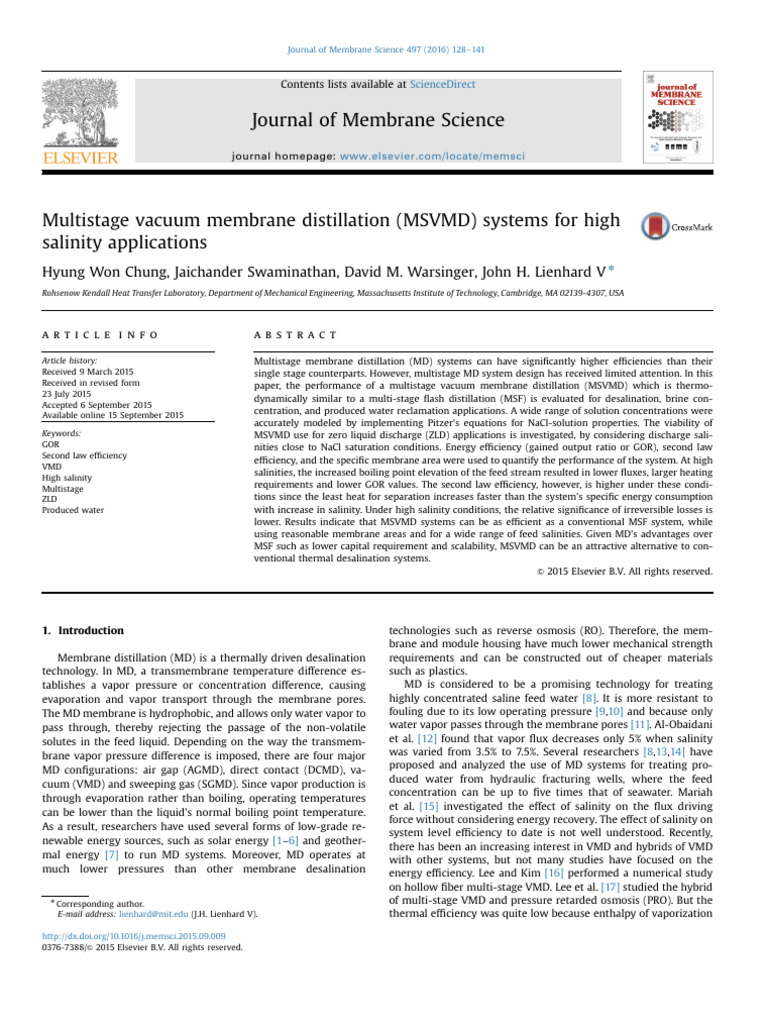 Multistage Vacuum Membrane Distillation | PDF | Desalination | Membrane
