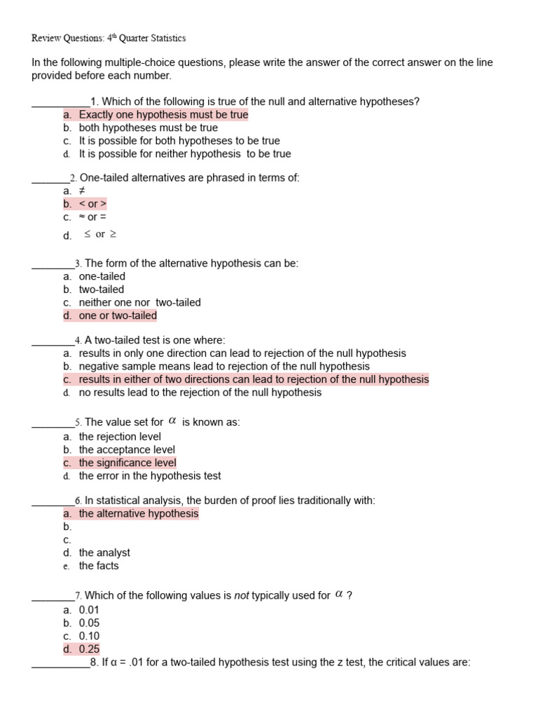 Review Questions Statisitcs | PDF | Statistical Hypothesis Testing ...