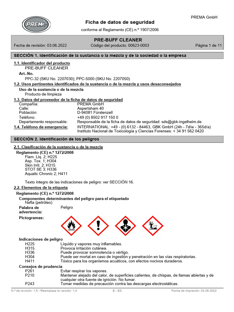 Ficha de Seguridad PRE-BUFF CLEANER | PDF | Combustión | Química