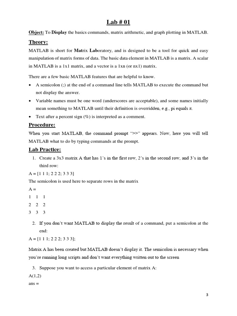 Lab # 1 | PDF | Matrix (Mathematics) | Matlab