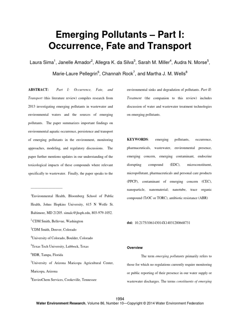 Emerging Pollutants Part I Occurrence, Fate and Transport | PDF | Sewage Treatment ...