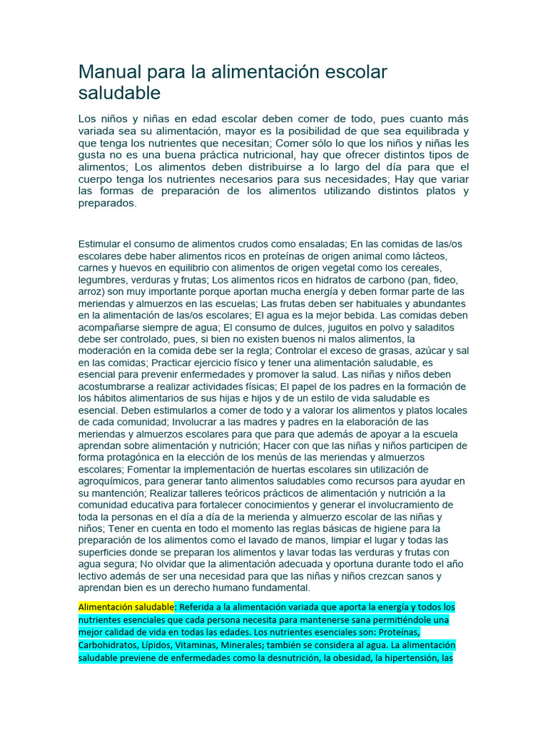 Manual de la alimentación escolar saludable | PDF | Alimentos | Nutrición