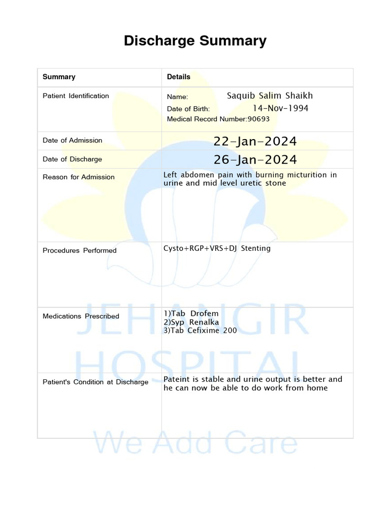 Saquib Discharge Summary Final Renal Calculi | PDF