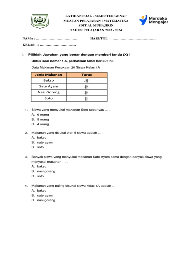 Soal Matematika Kelas 1 SD 2023-2024 | PDF