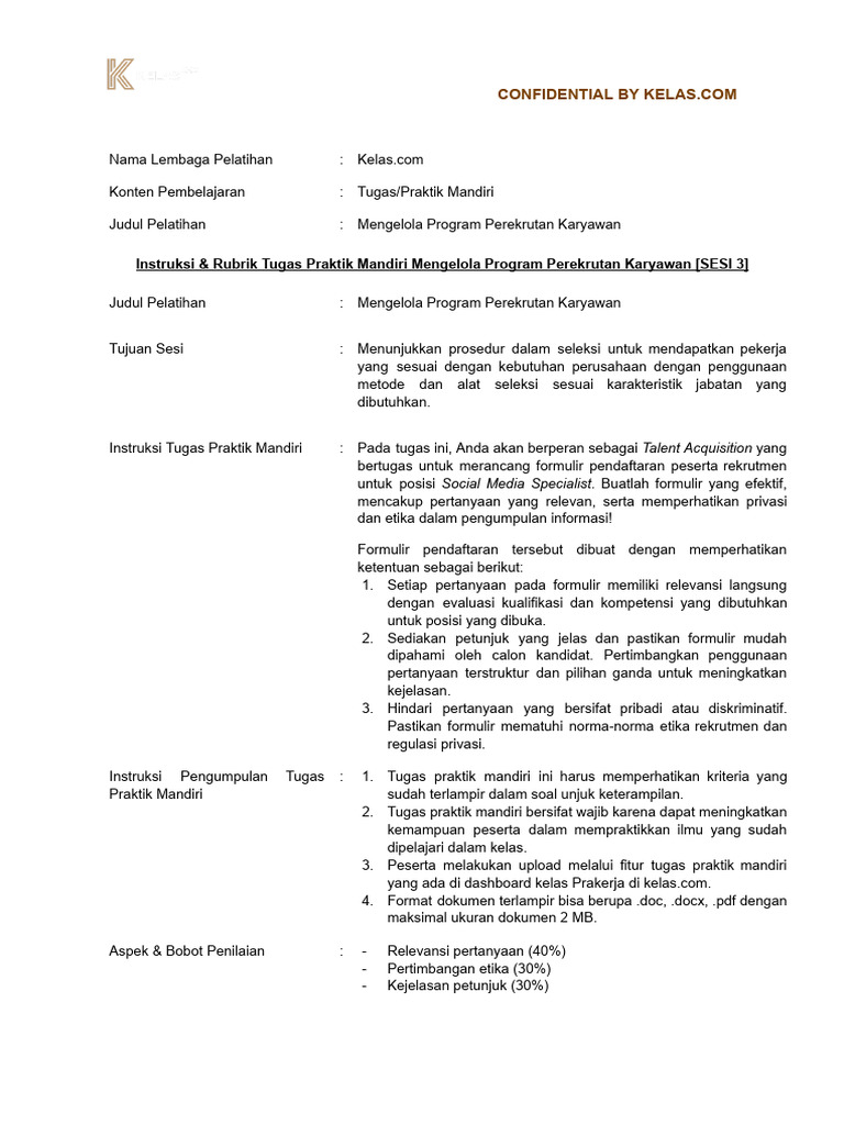 TPM (SESI 3) Instruksi & Rubrik TPM - Kelas - Com - Mengelola Program Perekrutan Karyawan | PDF