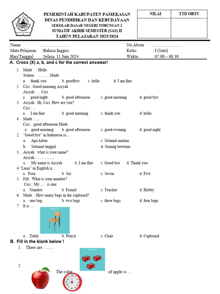 Soal SAS Kelas 1 Bahasa Inggris | PDF | Language Arts & Discipline | Foreign Language Studies