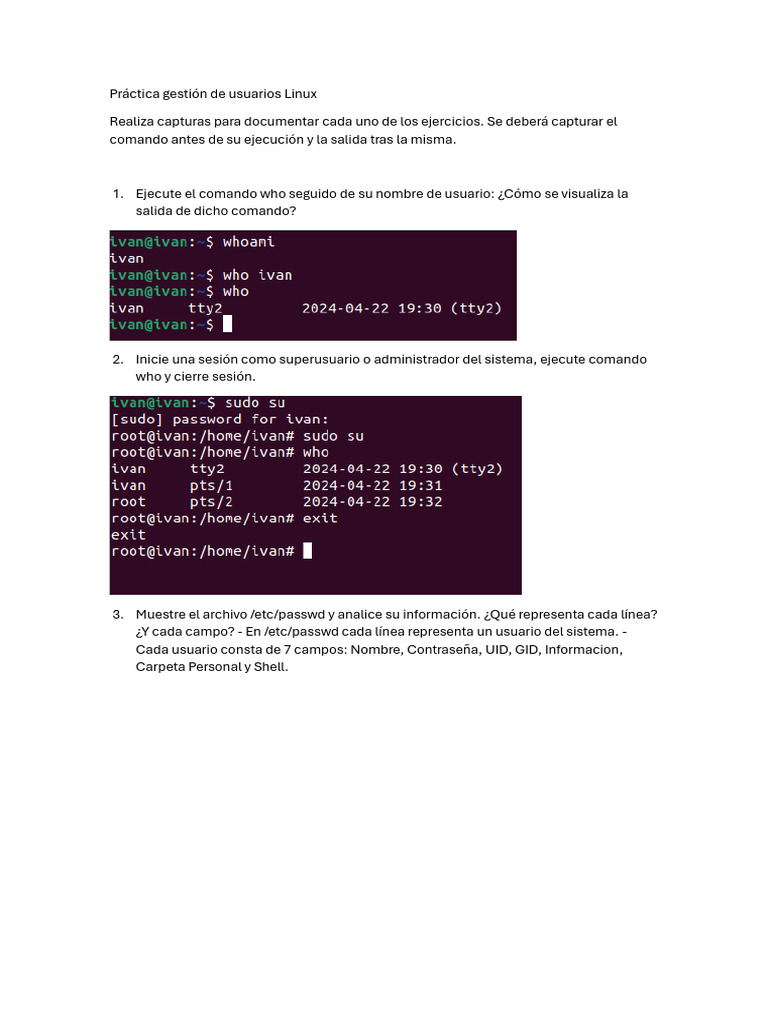 Práctica Gestión de Usuarios Linux | PDF | Archivo de computadora | Software del sistema