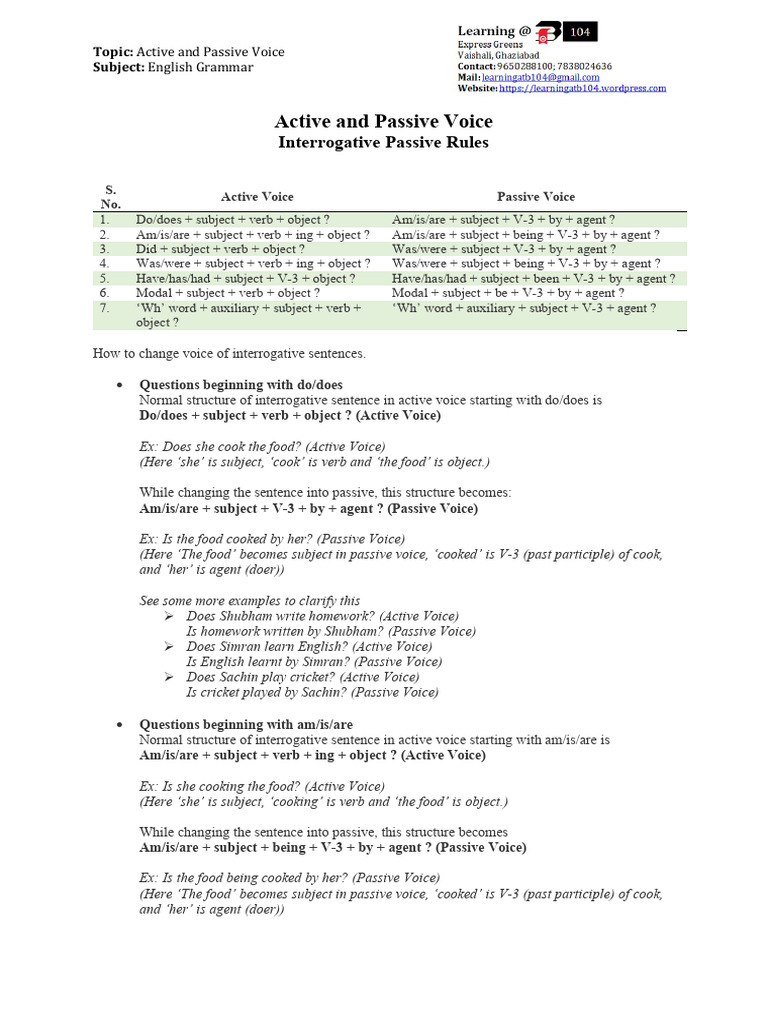 Active Passive Rules Interrogative Sentences | PDF | Verb | English Grammar