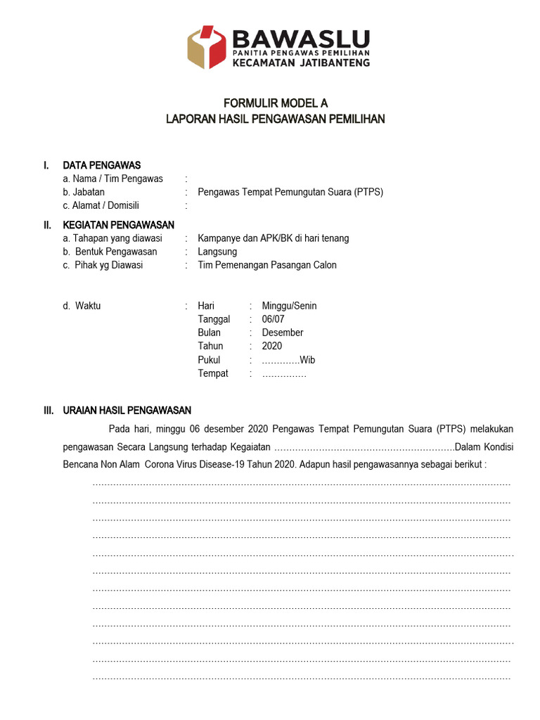 Form A Pengawas PTPS | PDF