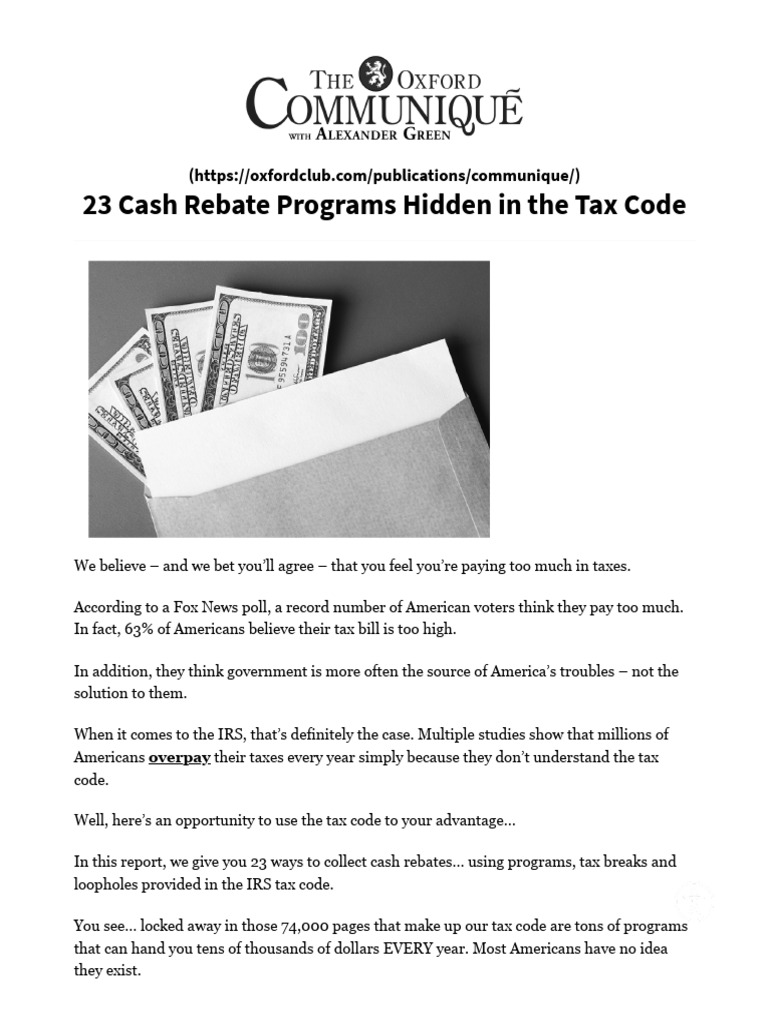 23 Cash Rebate Programs Hidden in The Tax Code - The Oxford Club | PDF ...