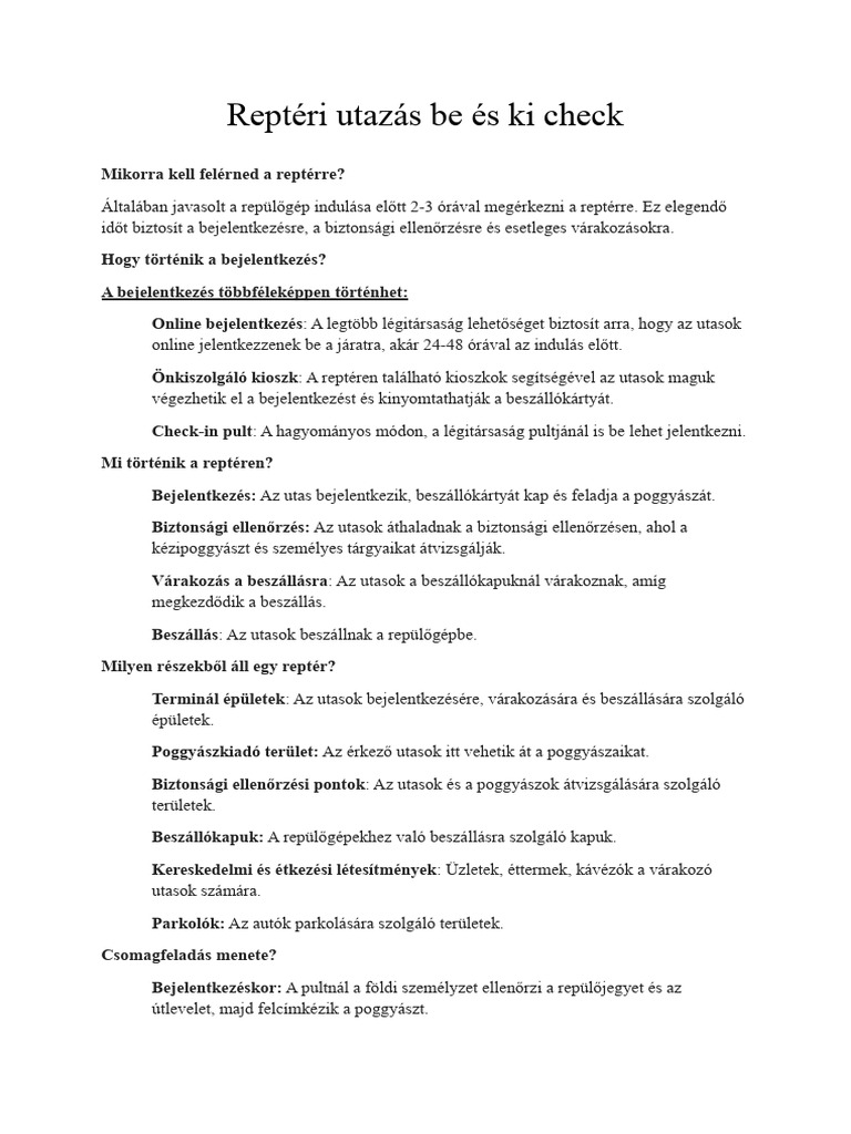 Reptéri Utazás Be És Ki Check | PDF