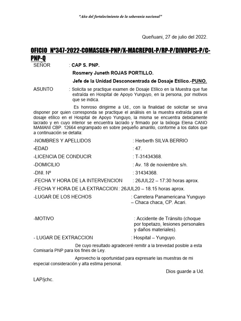 Solicita Examen de Dosaje Etilico. | PDF