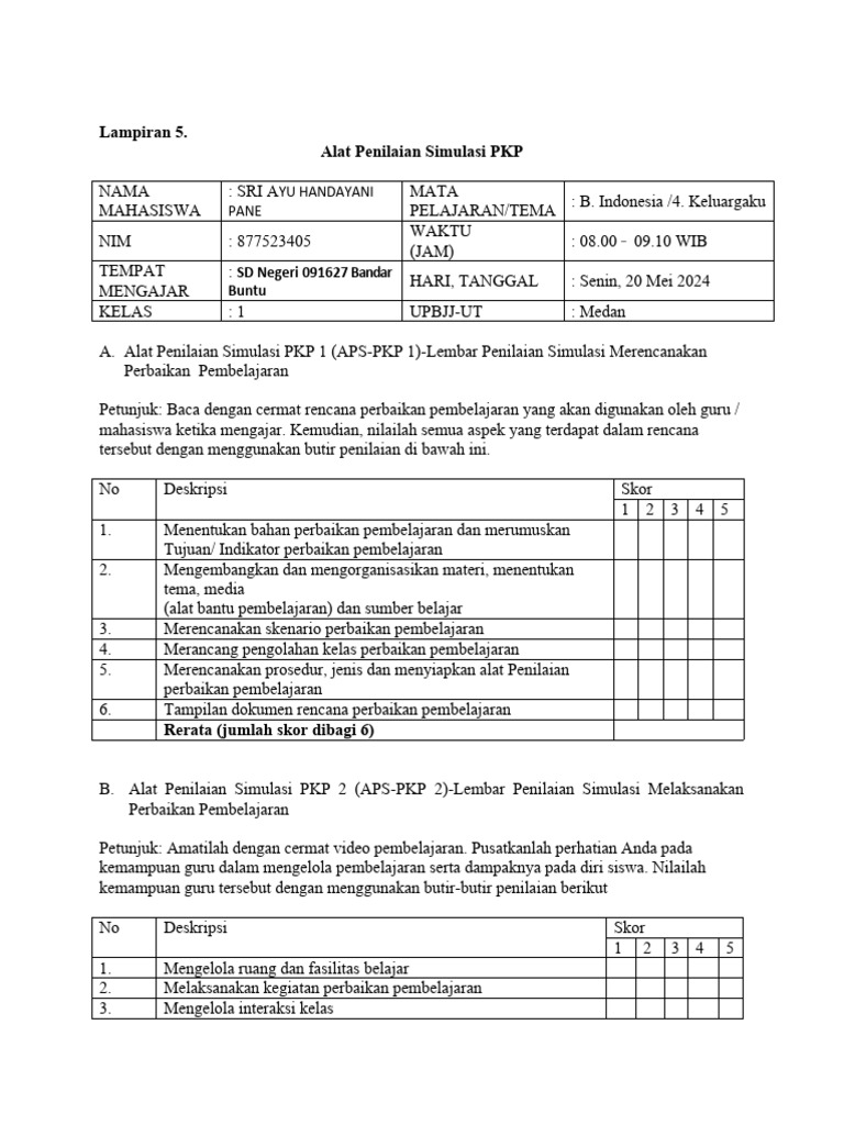 Penilaian Simulasi PKP Pembelajaran SD | PDF