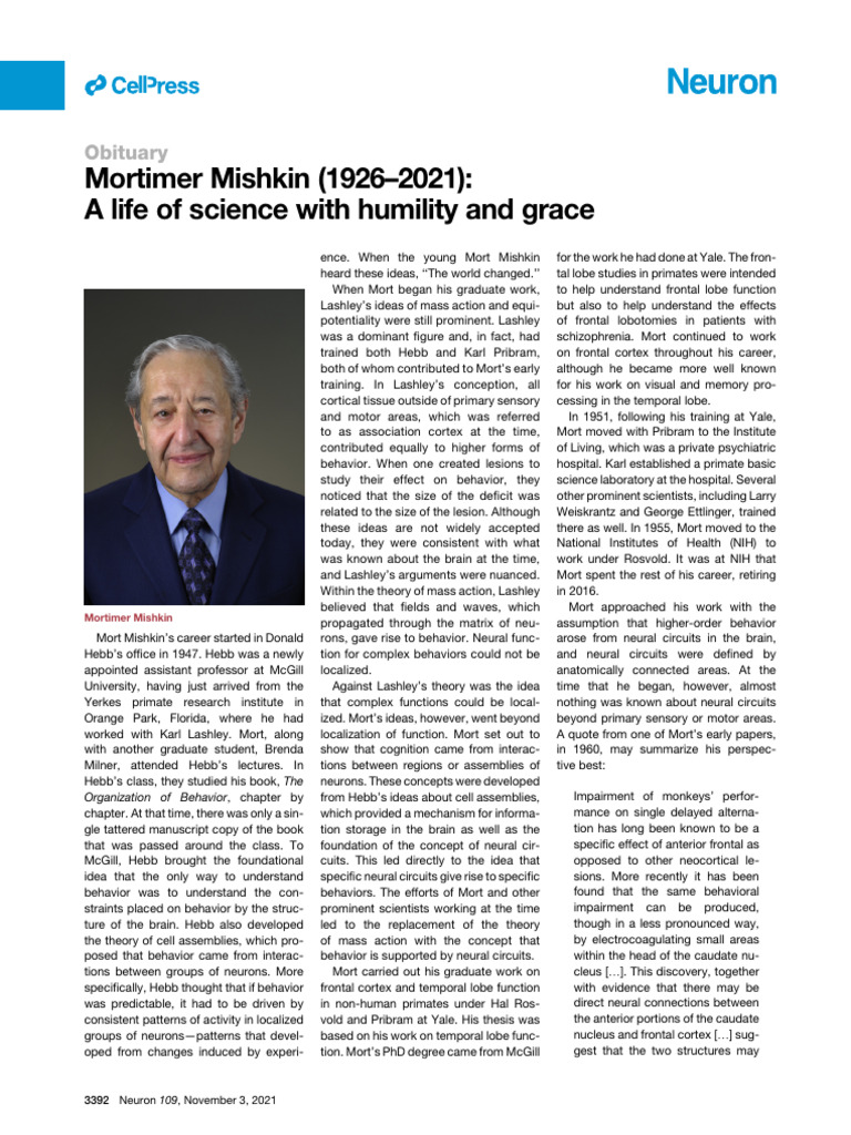 Mortimer Mishkin (1926-2021) | PDF | Hippocampus | Parietal Lobe