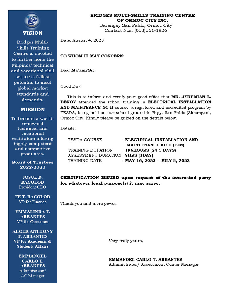 Letter Certification For Training | PDF | Educational Stages ...