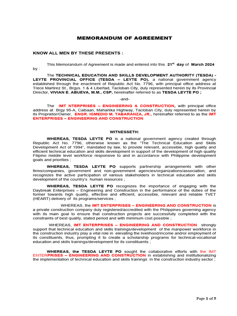 MOA Template For PCA | PDF | Intellectual Property | Private Law