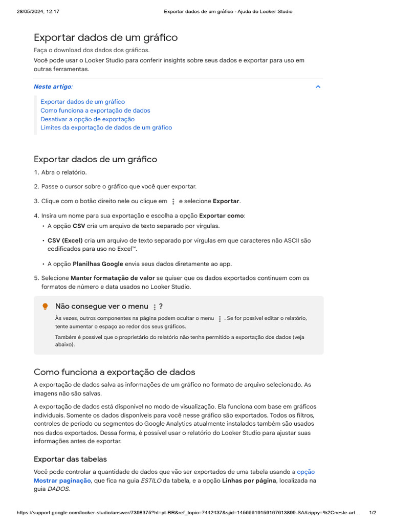 Exportar dados de um gráfico - Ajuda do Looker Studio | Download grátis PDF | Arquivo de texto ...