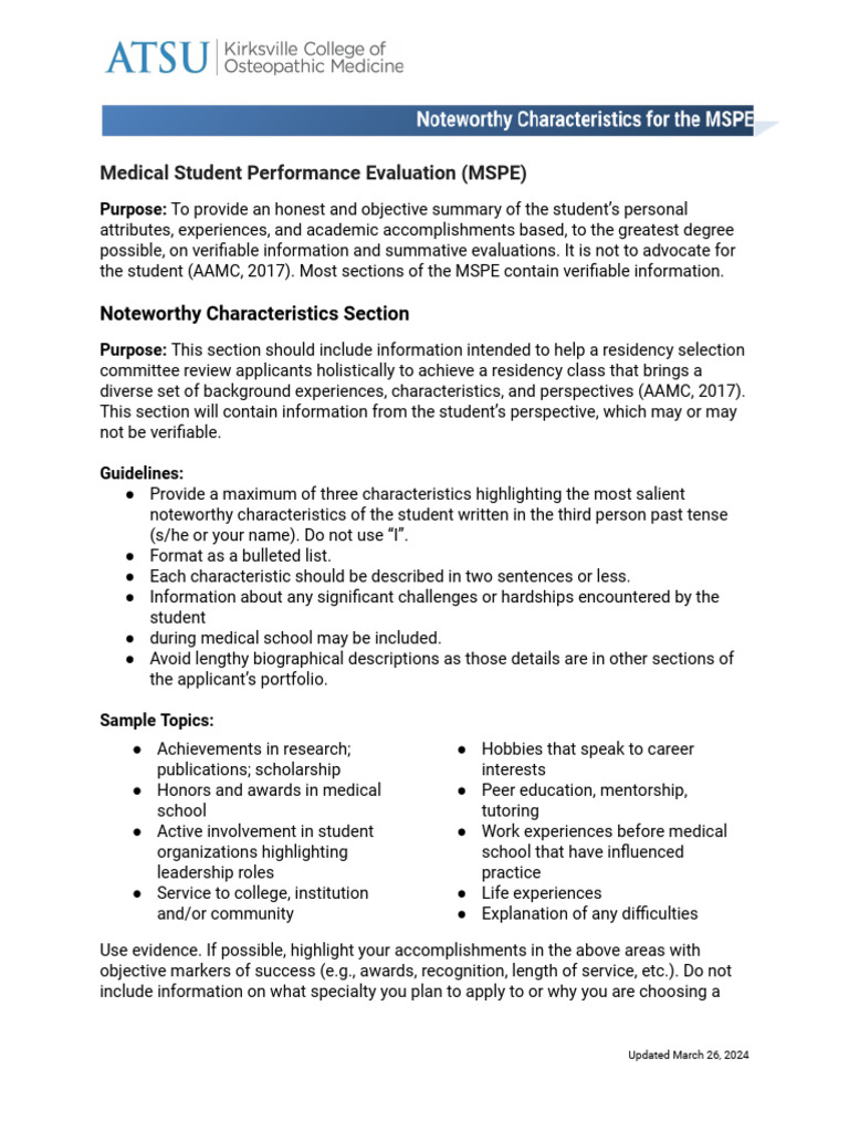 MSPE Noteworthy Characteristics Guidelines | PDF | Evaluation | Medical ...