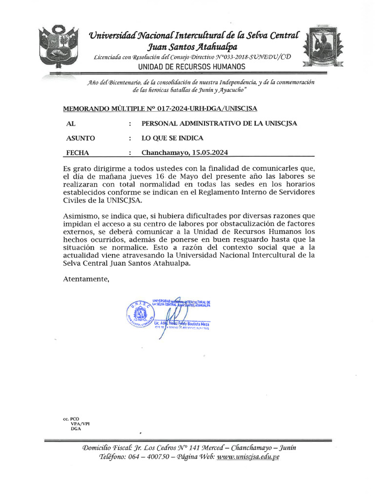 Memorando Multiple N°017-2024-Urh-Dga-Uniscjsa | PDF