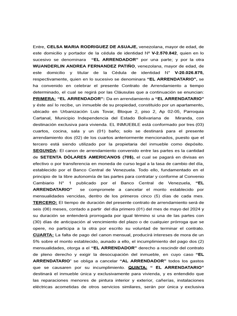 CONTRATO DE ARRENDAMIENTO Celsa Rodriguez | PDF | Venezuela