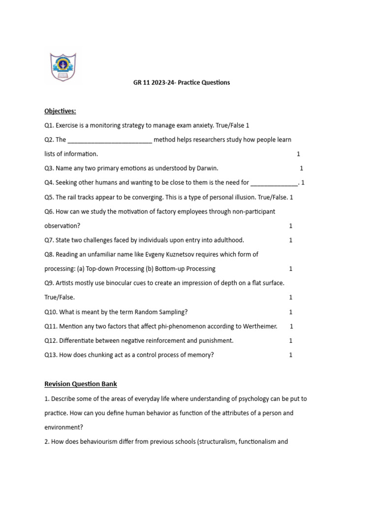 Practice Qs Psychology Class 12 | PDF | Psychology | Reinforcement