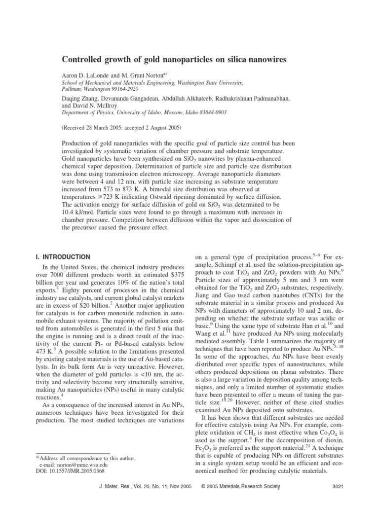 ControlledGrowthofGoldnanoparticle Norton 2005 | PDF | Nanoparticle | Plasma (Physics)