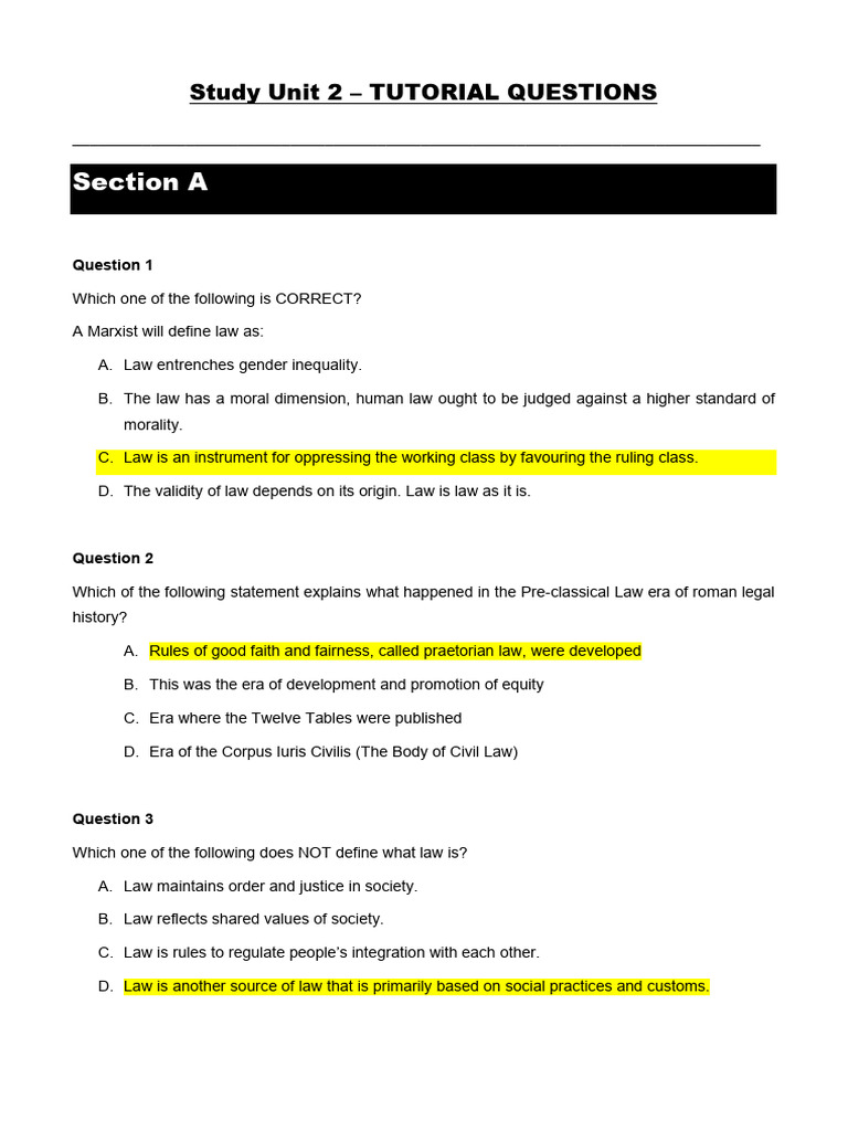 Study Unit 2 - TUTORIAL QUESTIONS _memo_ | PDF | Judiciaries | Morality