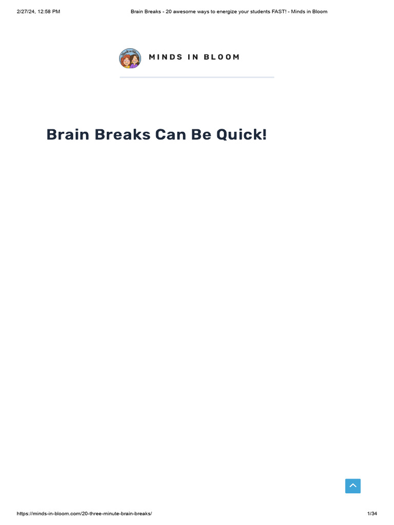 Brain Breaks - 20 Awesome Ways To Energize Your Students FAST! - Minds in Bloom | PDF | Mind ...