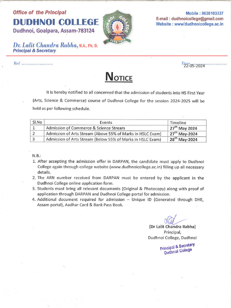 Dudhnoi College Admission Notice | PDF