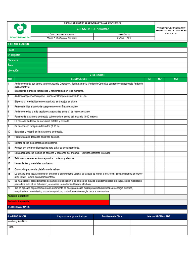 Ro-Reg-Ssoma-011 Check List Andamios | PDF | Andamio Ro-Reg-Ssoma-011 Check List Andamios | PDF | Andamio