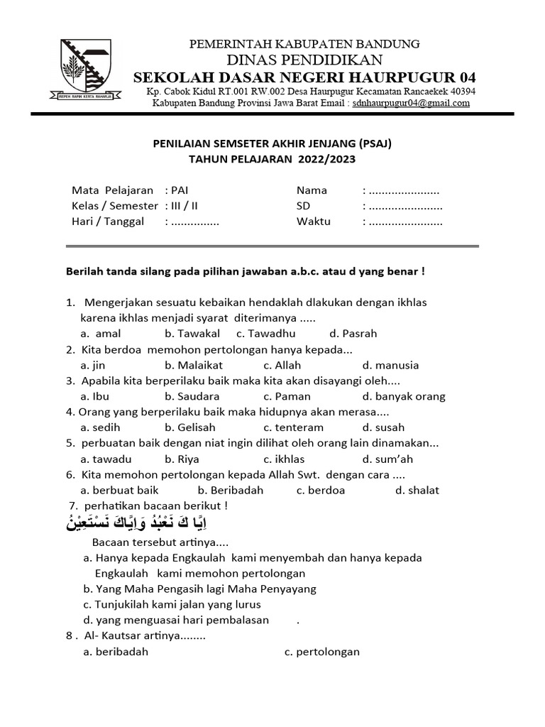 Soal Psaj Pai Kls 3 2022-2023 | PDF