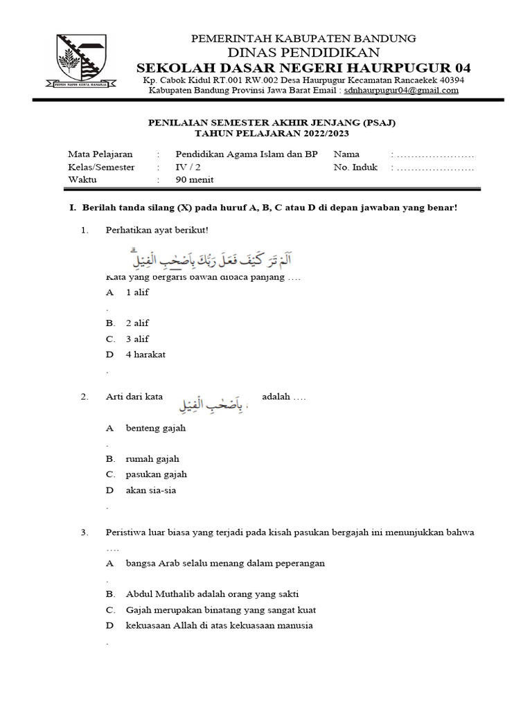 Soal Psaj Pai Kls 4 2022-2023 | PDF | Agama & Spiritualitas