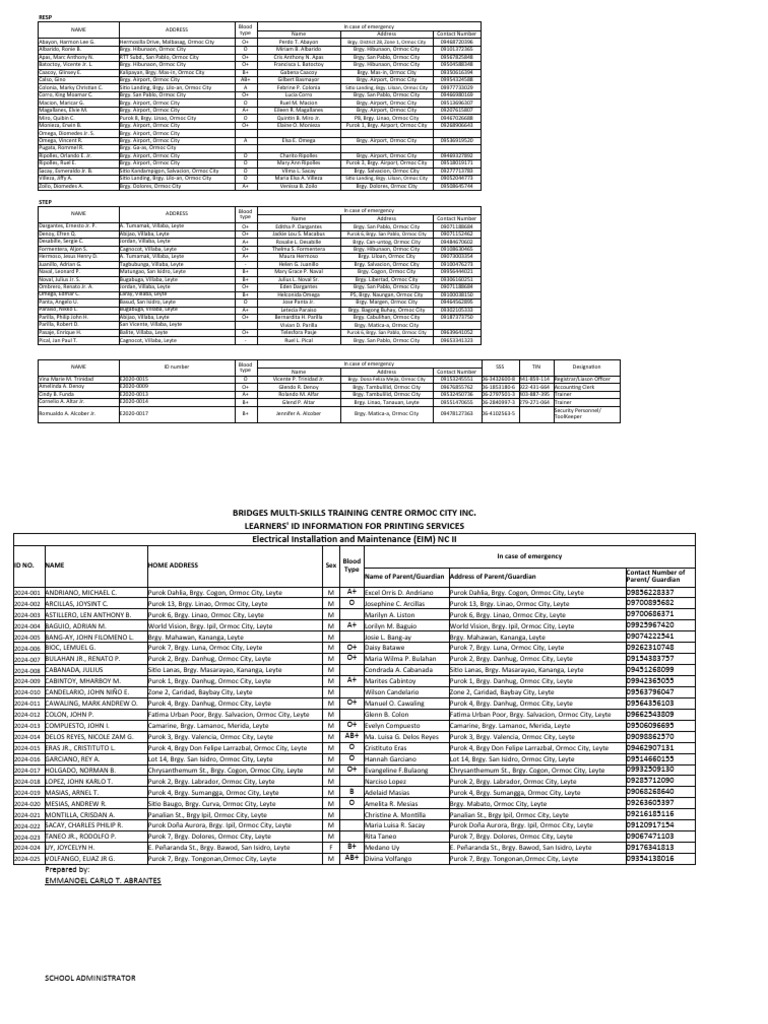 Student Id Info For Printing Services 2024 Batch 1 Eim NC Ii | PDF
