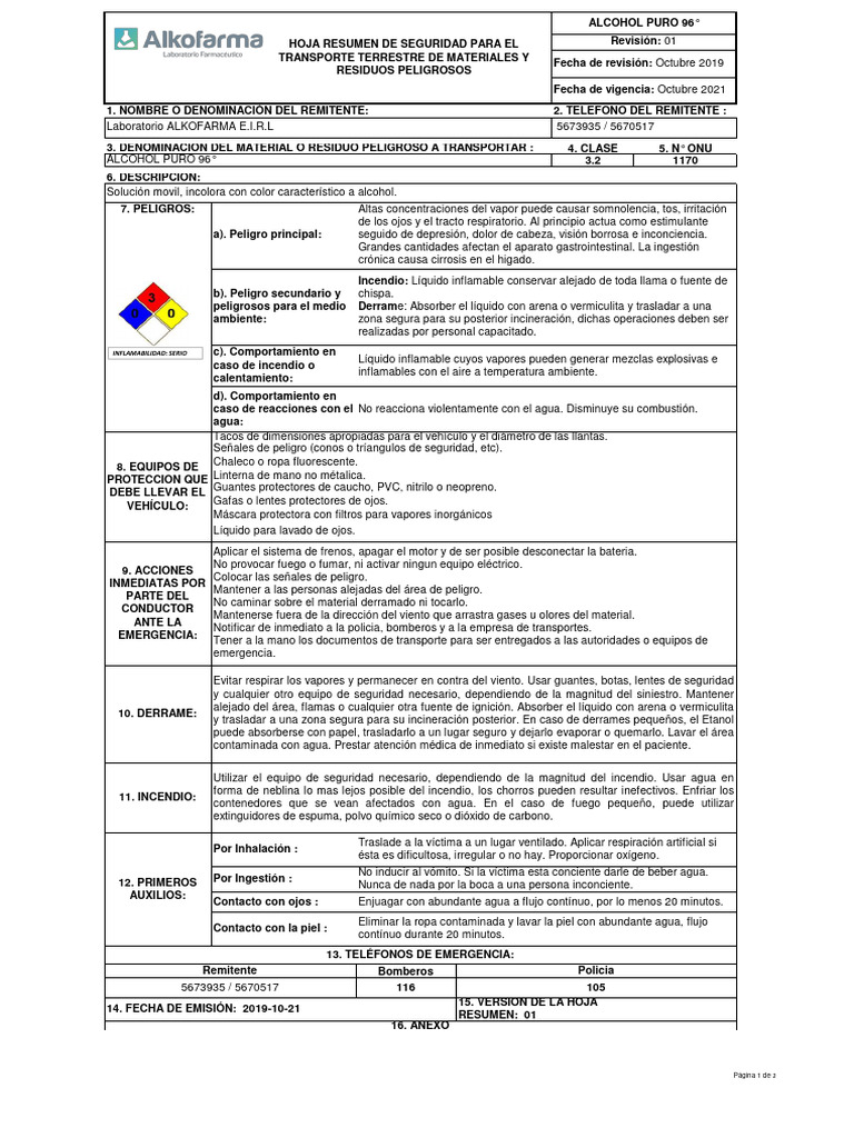 FICHA DE SEGURIDAD ALCOHOL PURO 96° | Descargar gratis PDF | Agua | Etanol
