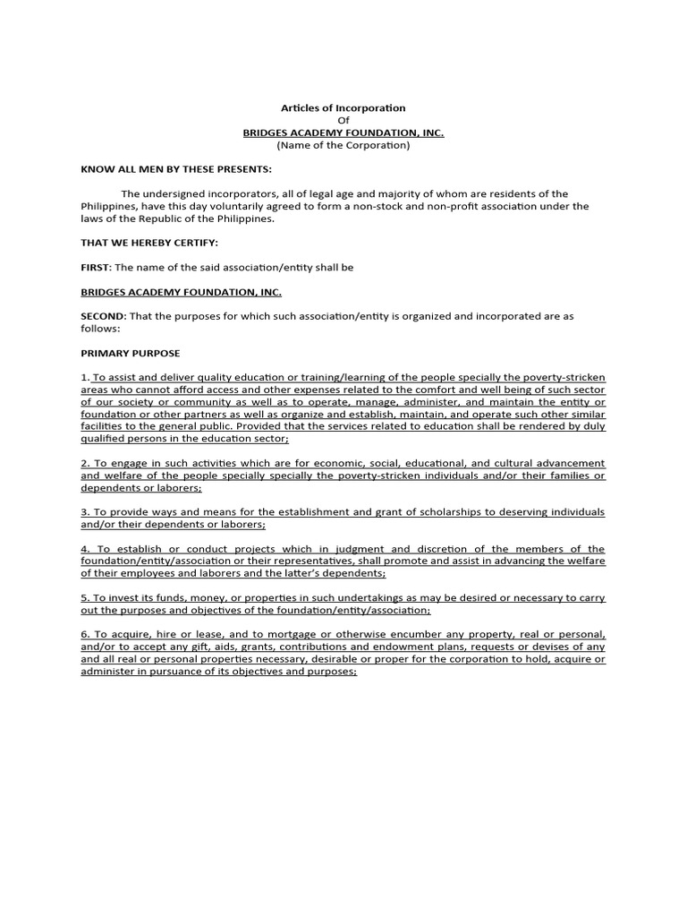 Articles of Incorporation BAFI | PDF | Economies | Business