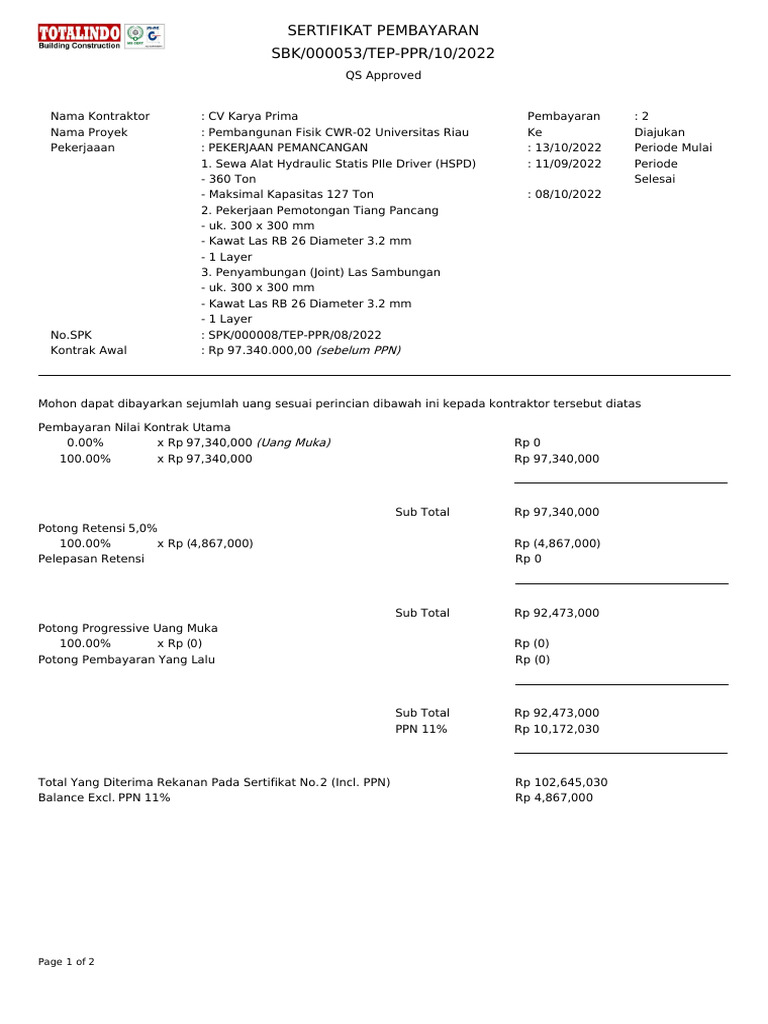 Pembayaran Proyek Pemancangan CWR-02 | PDF