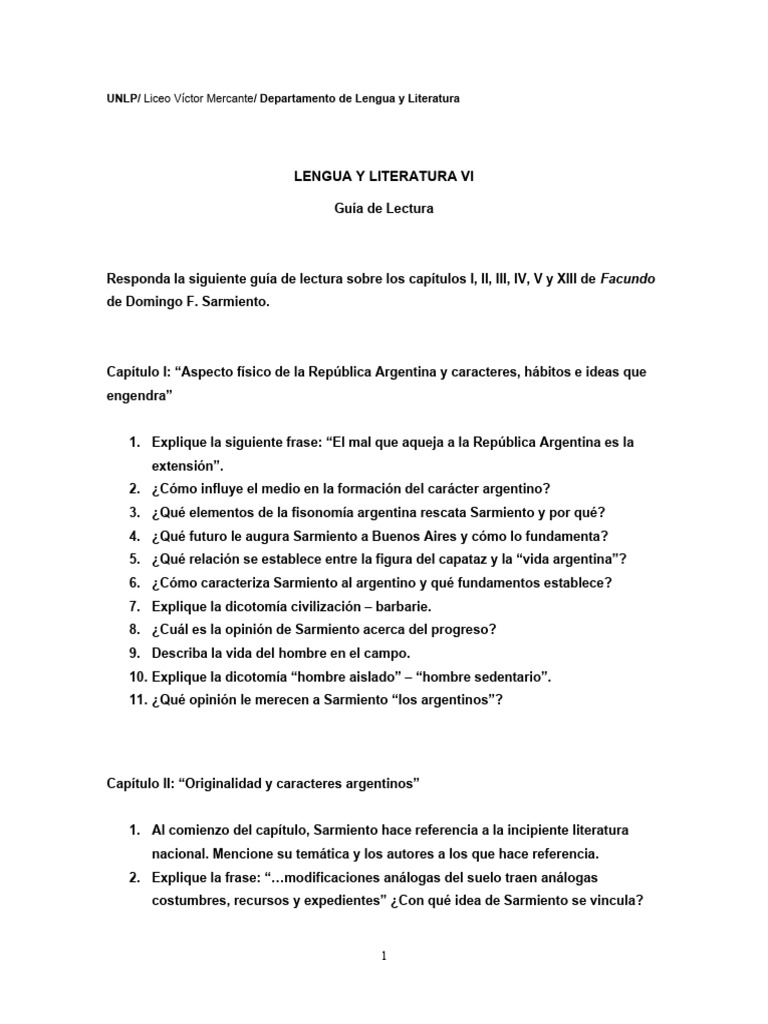 Guía de Lectura: Facundo de Sarmiento | PDF | Ciencias sociales | Historia