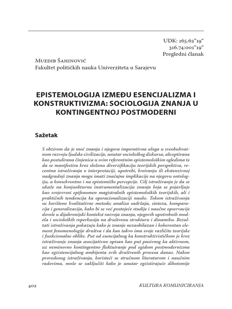 Epistemologija Između Esencijalizma I Konstruktivizma: Sociologija Znanja U Kontingentnoj ...