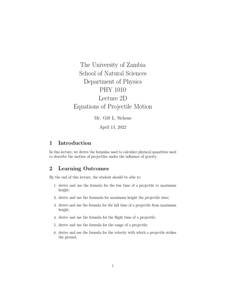 UNZA PHY 1010 Lecture 2D - Equations of Projectile Motion 2022 | PDF | Projectiles | Dynamics ...