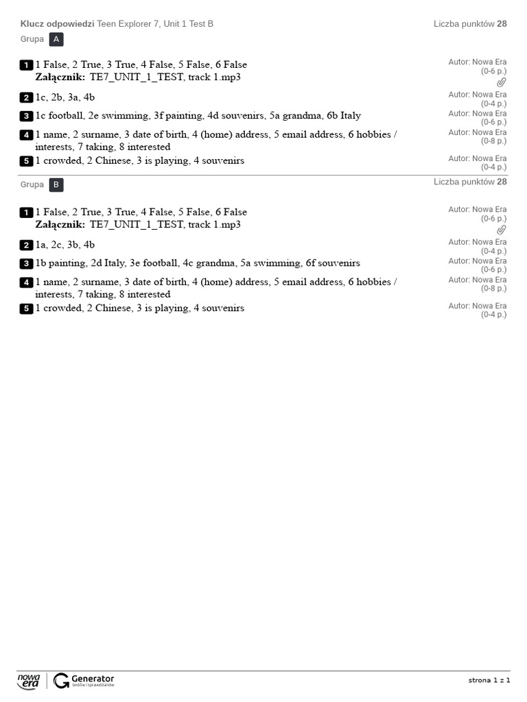 Teen Explorer 7, Unit 1 Test B Klucz Odpowiedzi | PDF